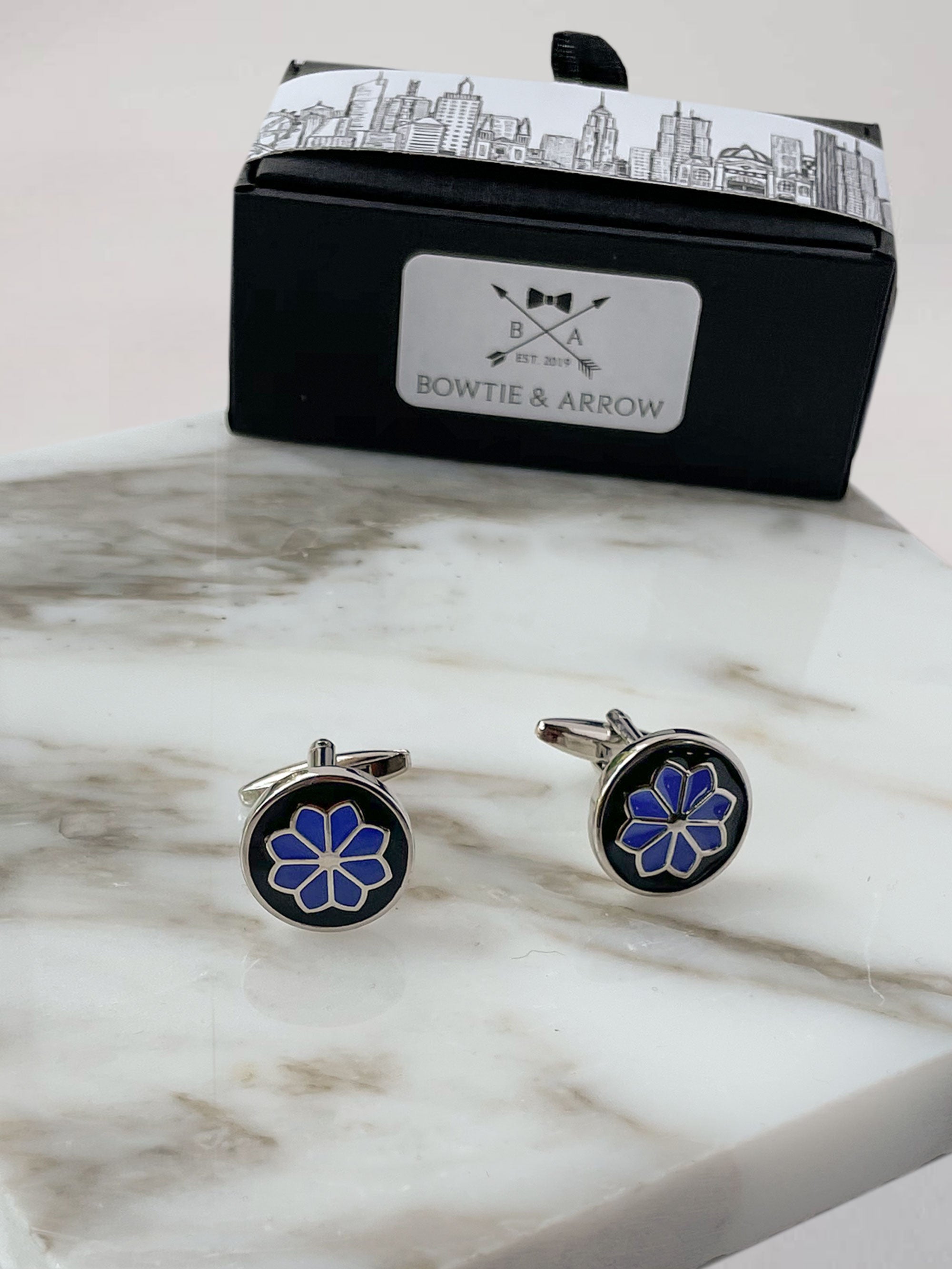 Round Enamel Black & Blue Flower Cufflinks – Bowtie & Arrow