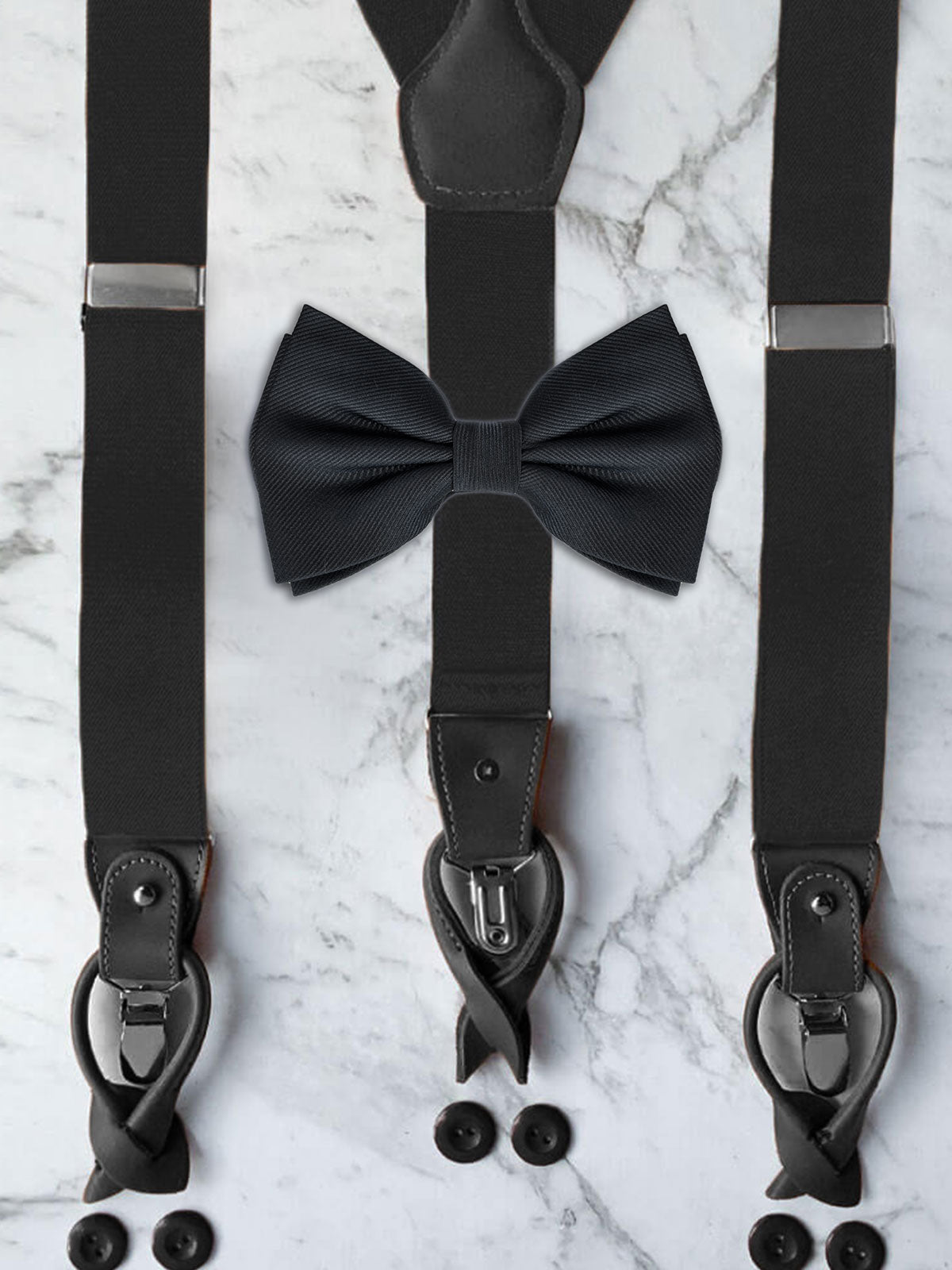All Black Leather Trim Suspenders & Silk Bow Tie Set – Bowtie & Arrow