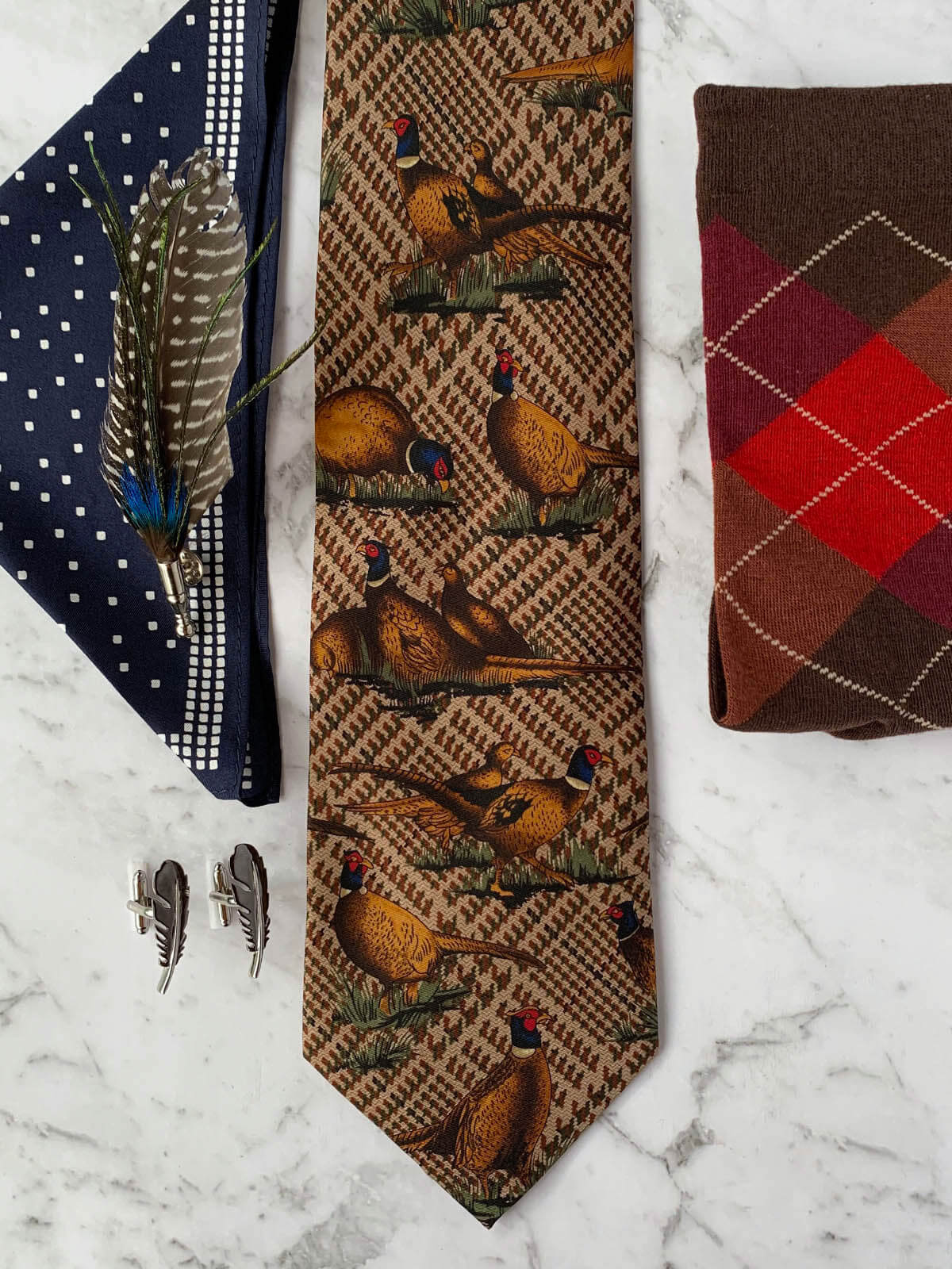 Have a Pheasant Day Silk Tie Pocket Square Set With Feather Lapel Pin ...