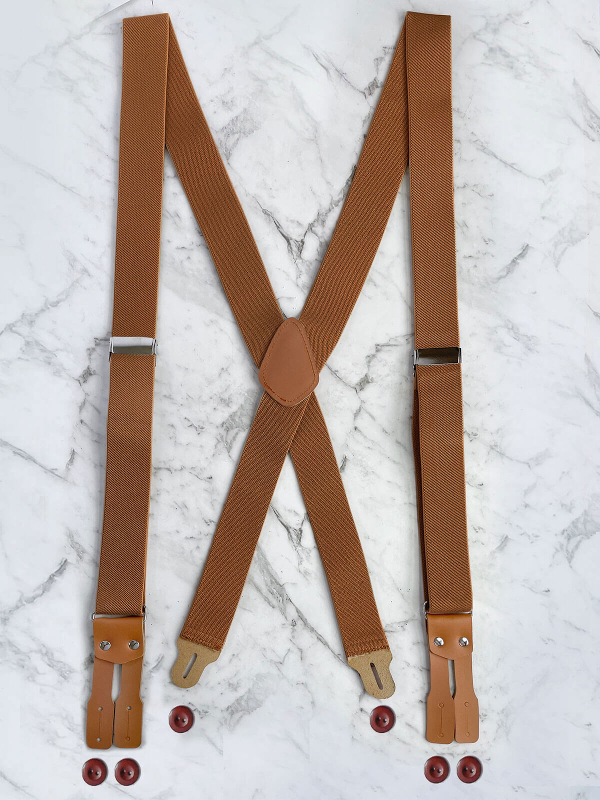 Tan Leather Trim X-Back Button Suspenders – Bowtie & Arrow