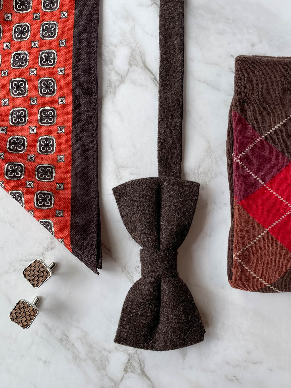 Vermillion & Dark Chocolate Wool Bow Tie Set – Bowtie & Arrow
