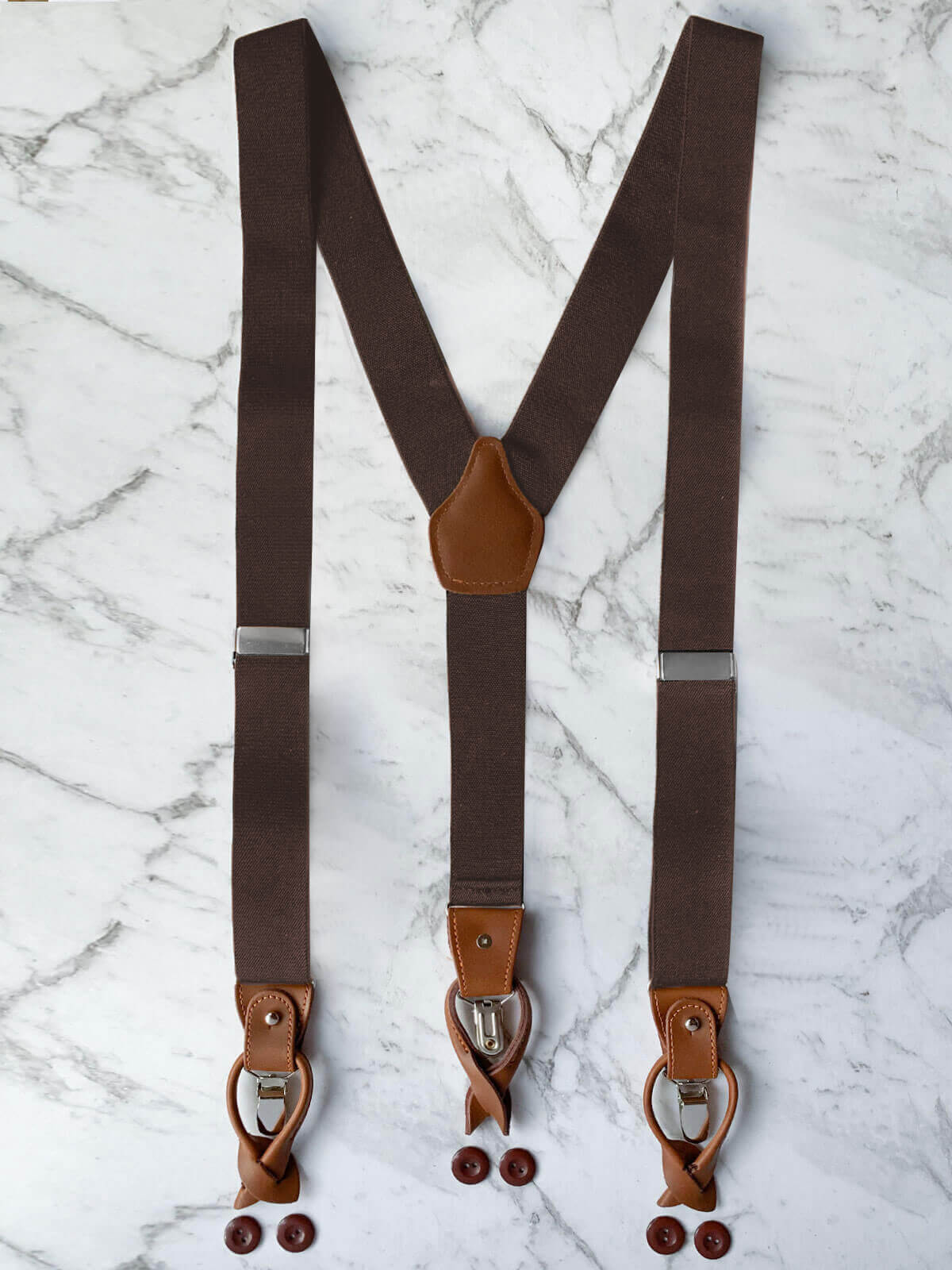 Chocolate Brown Leather Trim Clip/Button Convertible Suspenders ...