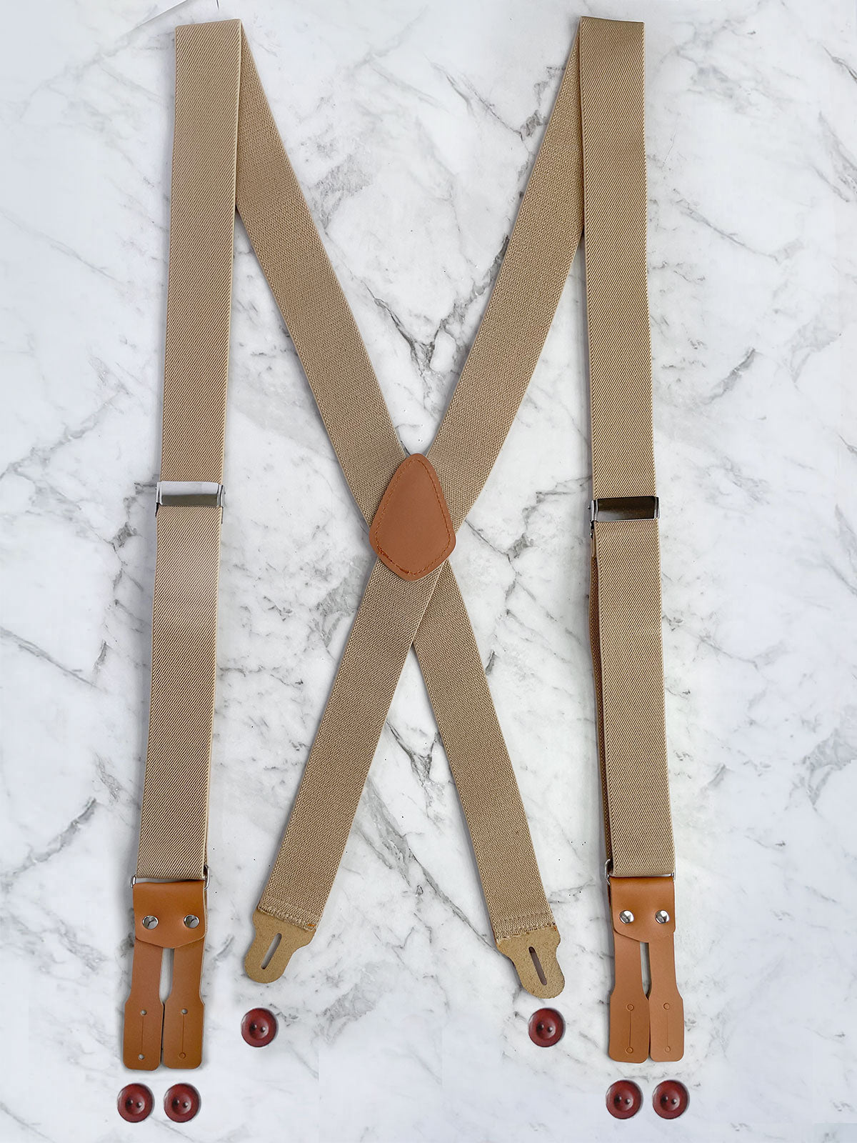 Oatmeal Leather Trim X-Back Button Suspenders – Bowtie & Arrow